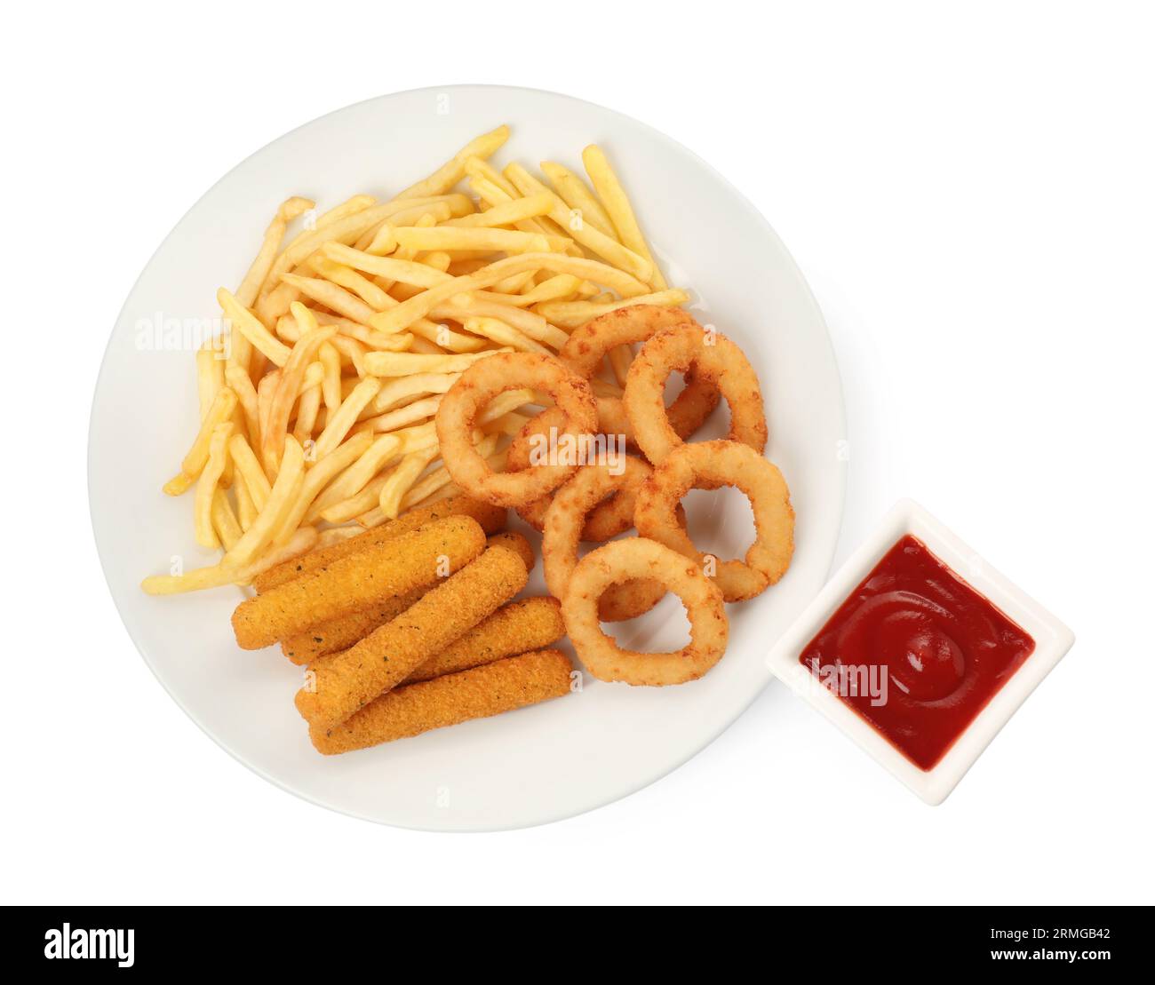 Tasty french fries, cheese sticks, fried onion rings and ketchup on ...