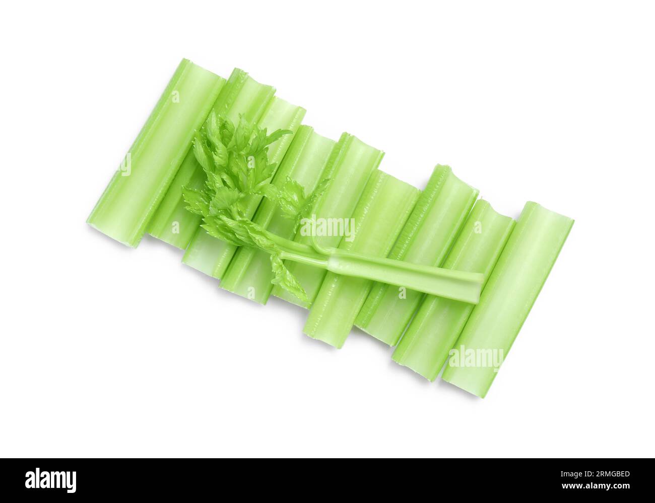 Fresh cut celery stalks and leaves isolated on white, top view Stock ...