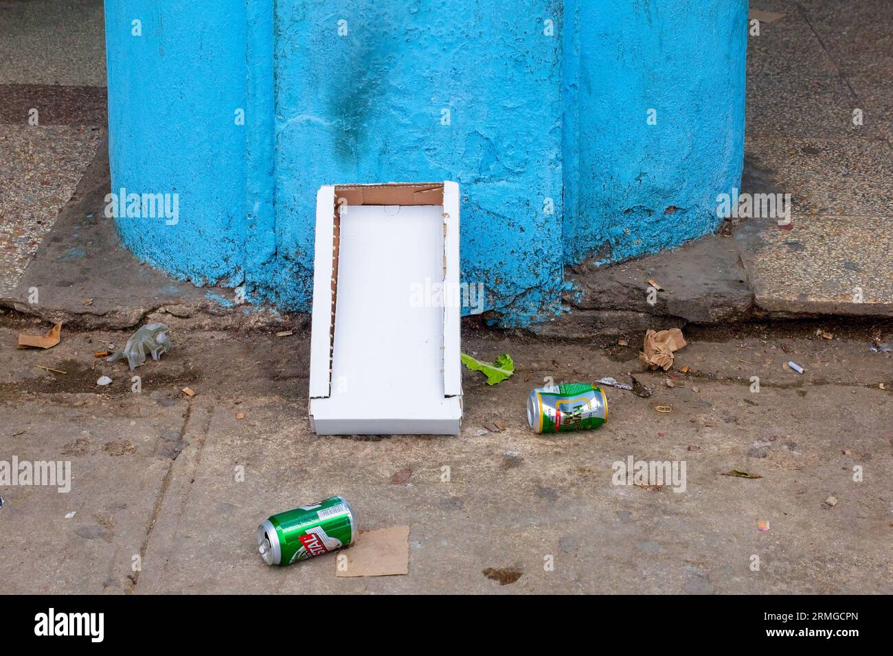 Havana, Cuba, 2023, beer cans and cardboard box as garbage Stock Photo ...