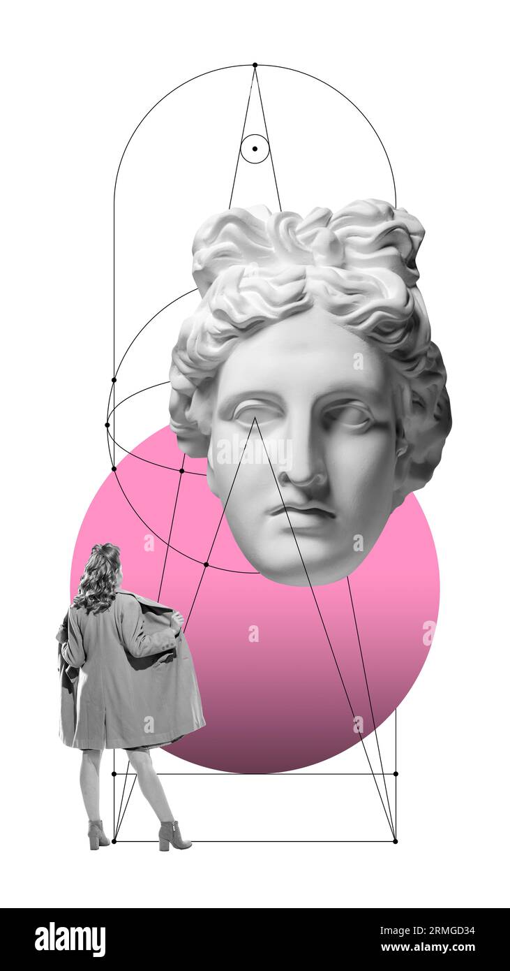 Back view of young woman opening coat in front of giant antique statue ...