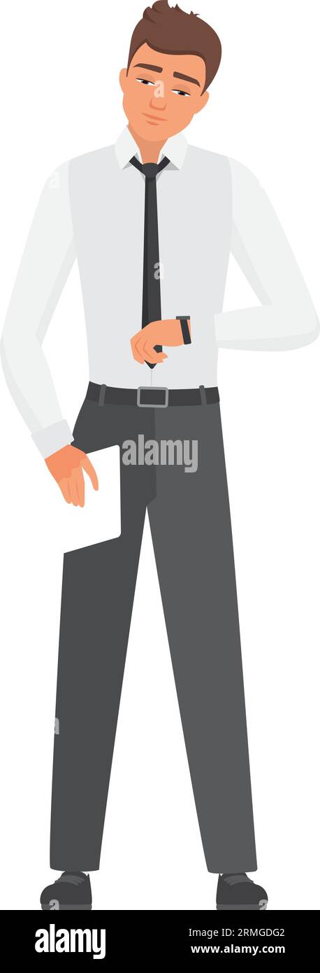 Office manager watching at clock. Male manager holds report vector ...