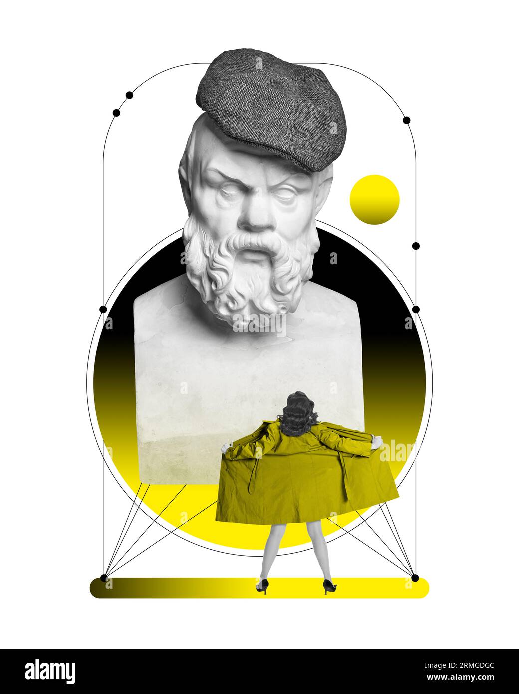 Back view of young woman opening coat in front of giant antique statue ...