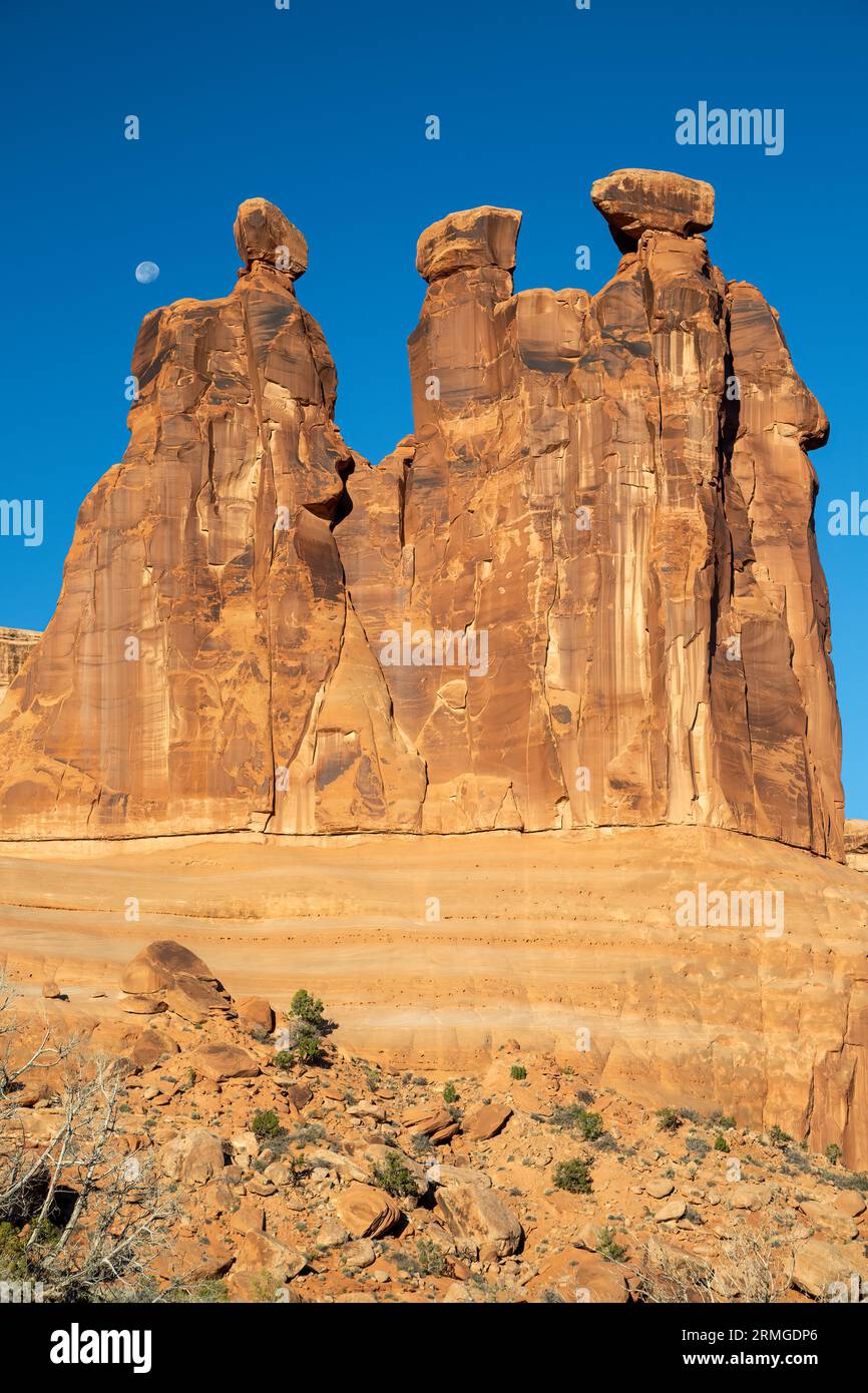 Moon and The Three Gossips, Arches National Park, Moab, Utah USA Stock ...