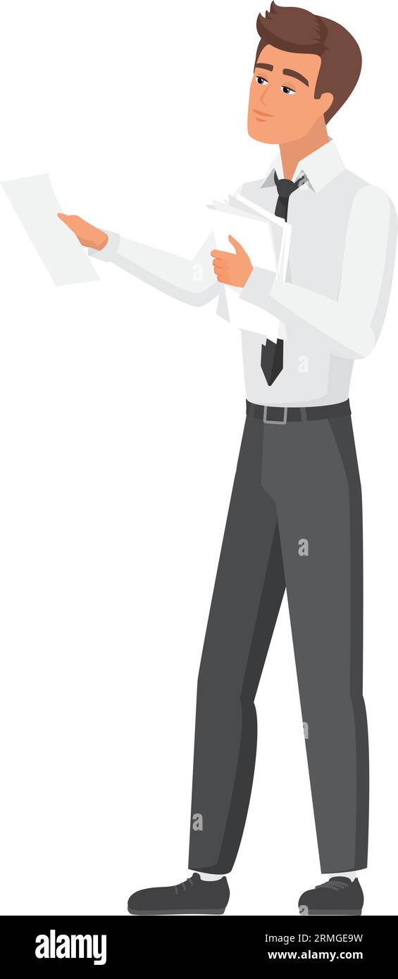 Office employee man with stack of papers. Businessman holds annual ...