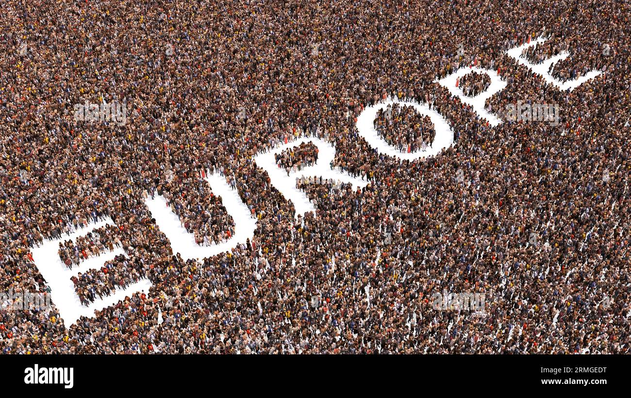 Concept or conceptual large community of people forming EUROPE word. 3d ...