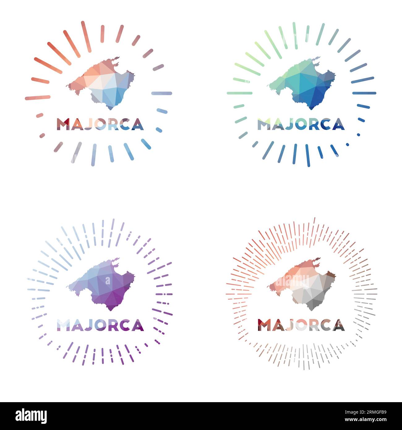 Majorca low poly sunburst set. Logo of the island in geometric ...