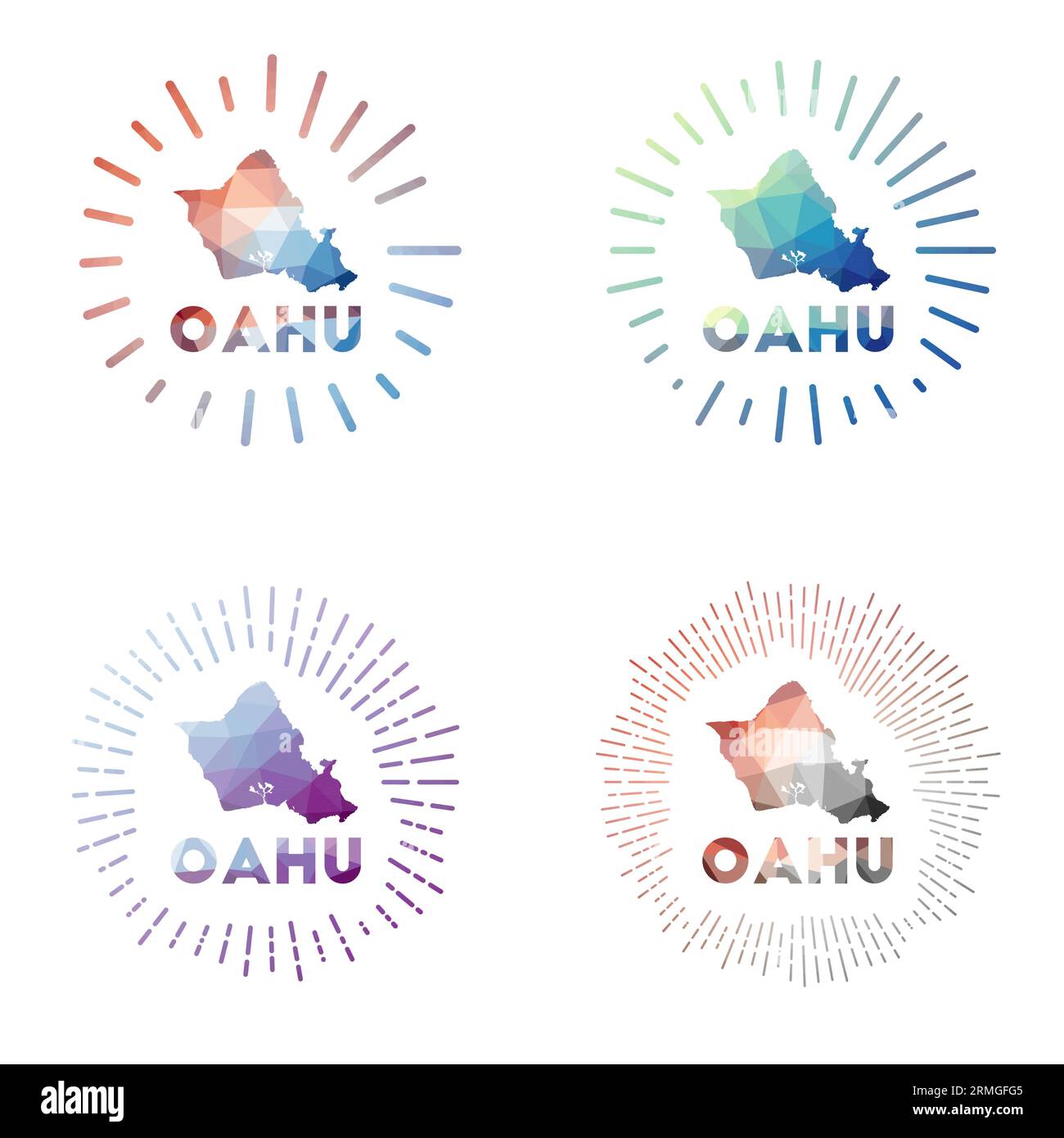 Oahu low poly sunburst set. Logo of island in geometric polygonal style ...