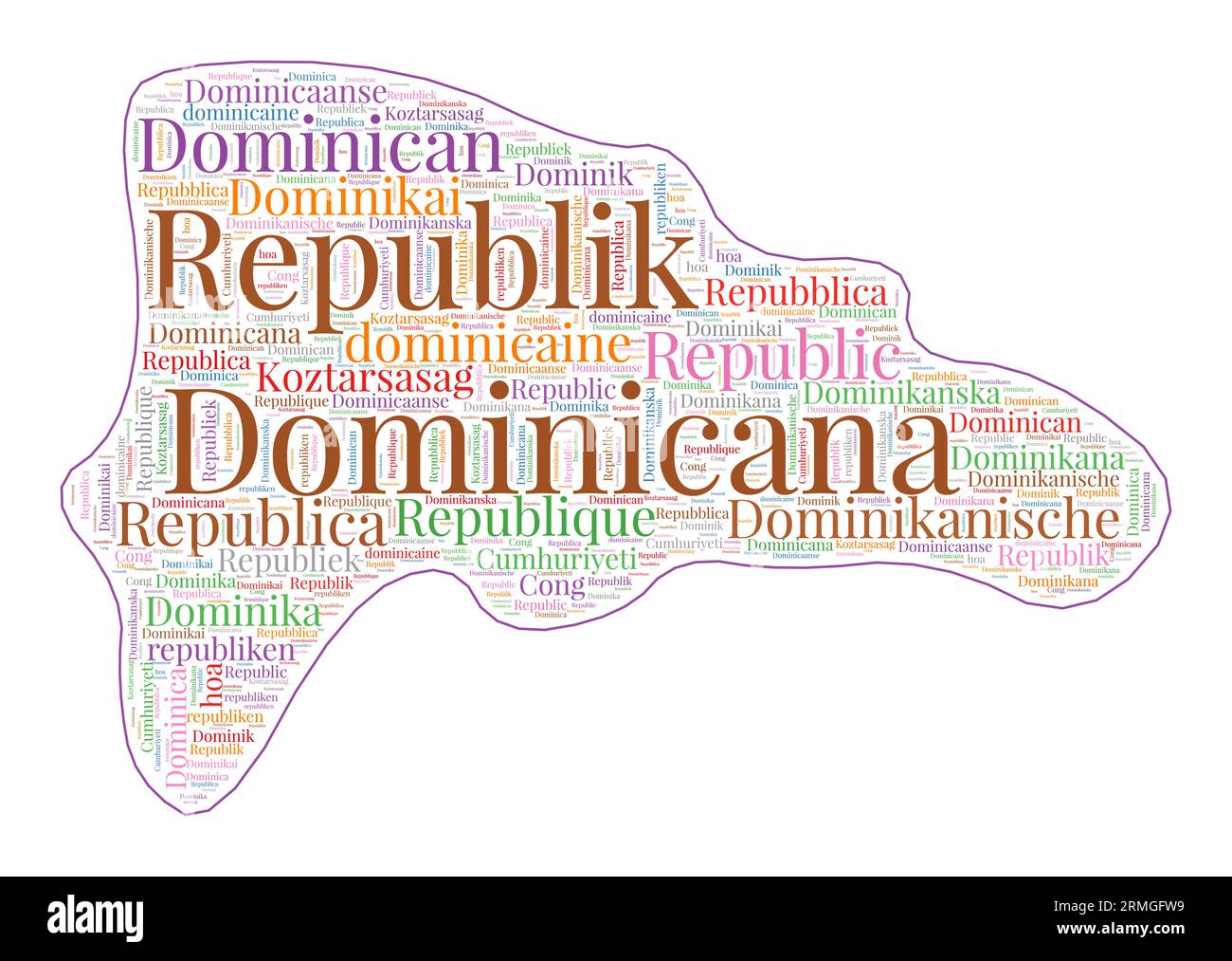 Dominicana shape filled with country name in many languages. Dominicana ...