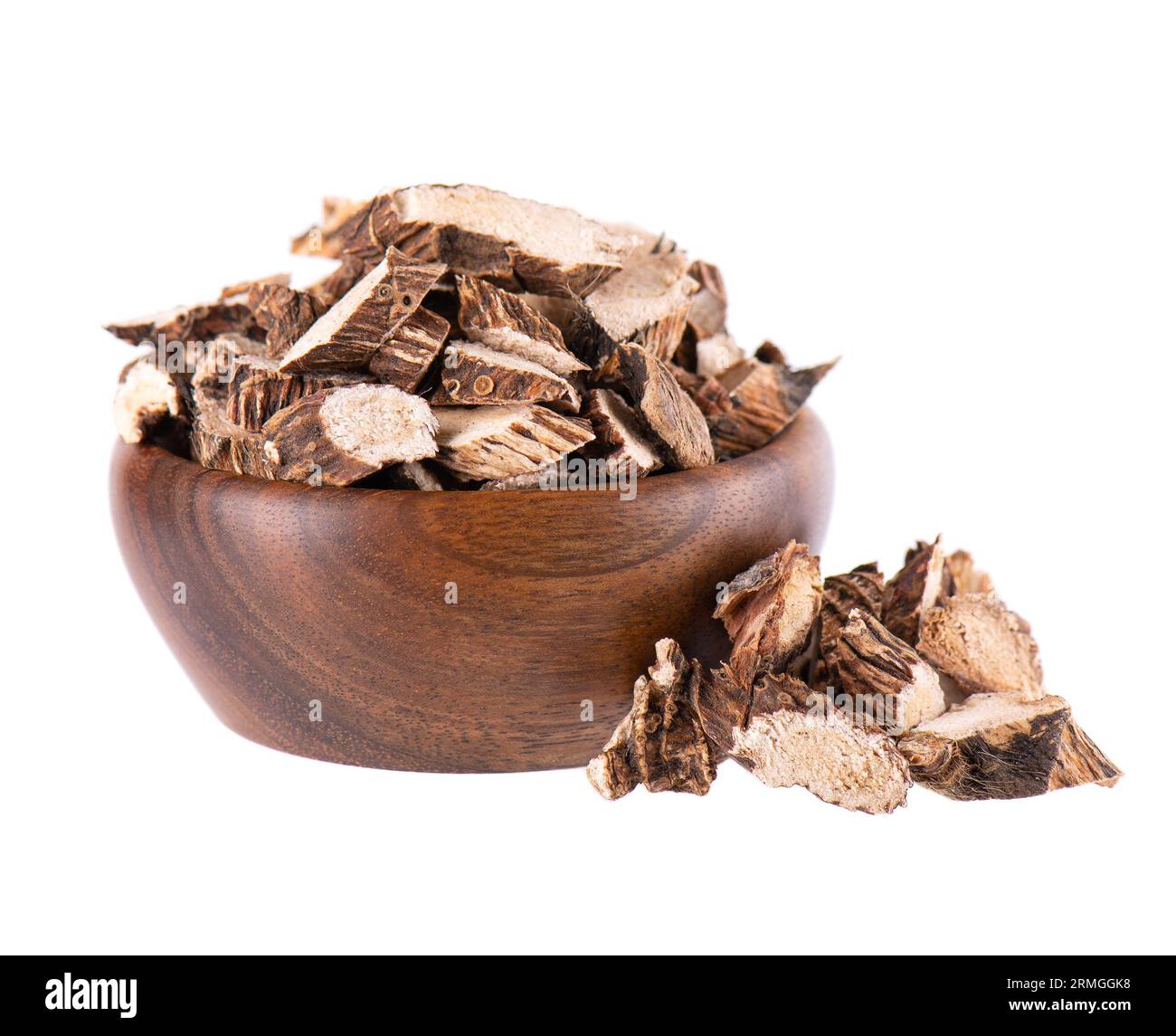 Calamus root in wooden bowl, isolated on white background. Sweet flag ...