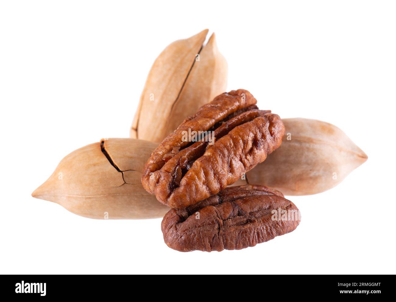 Pecan nuts isolated on white background. Shelled and unshelled pecan ...