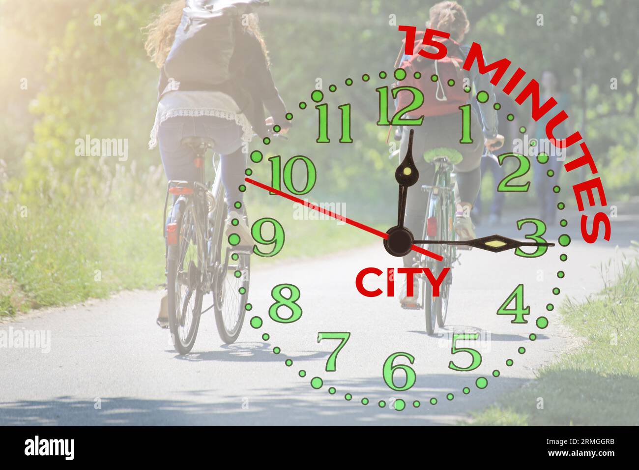 Symbol image of a 15-minute city: cyclists on a cycle path in the ...