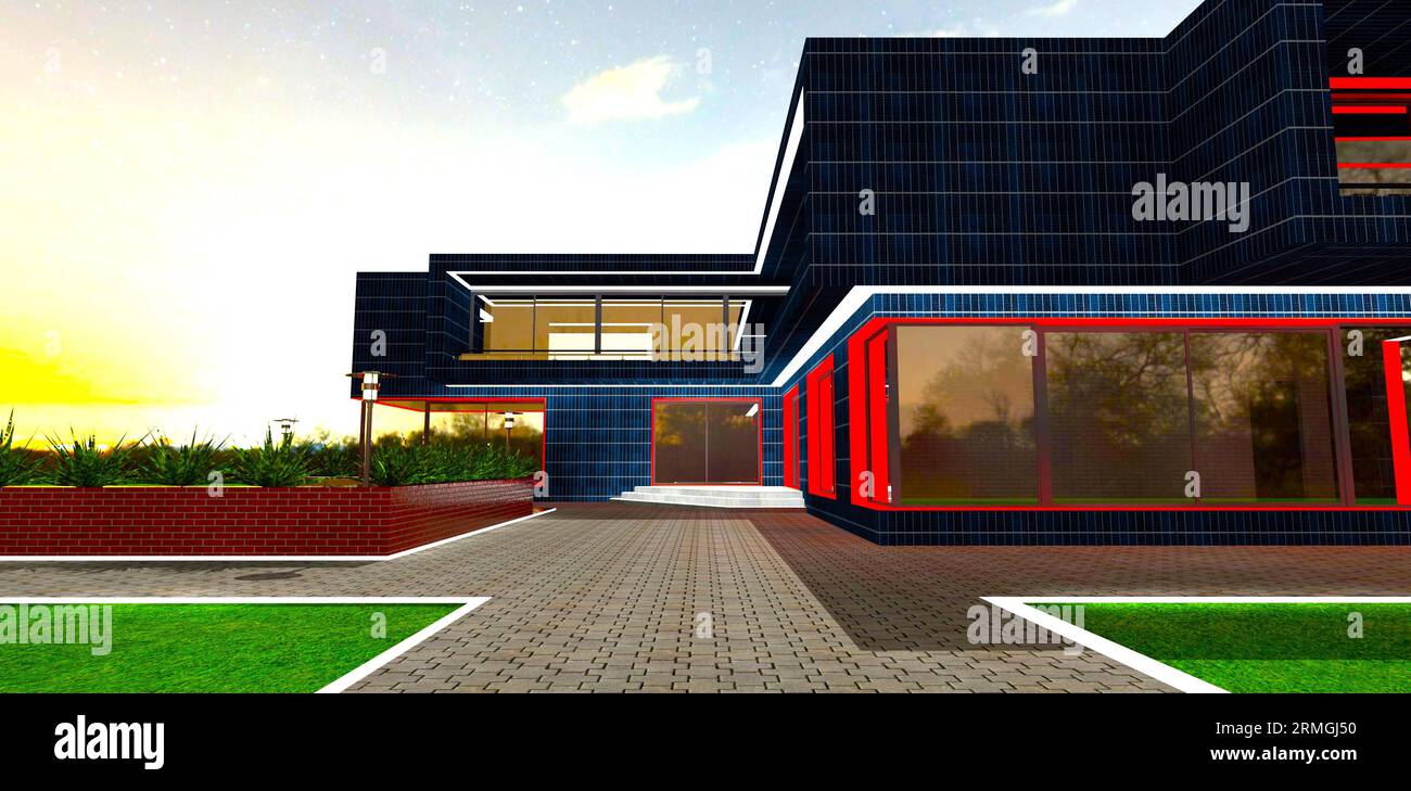 Concept of the compact suburban estate finished with sun panels. Night ...