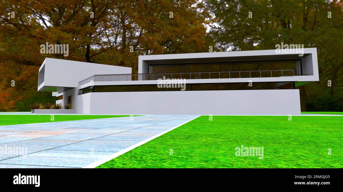 Eco-friendly cottage located in the autumn forest. Concrete slab ...