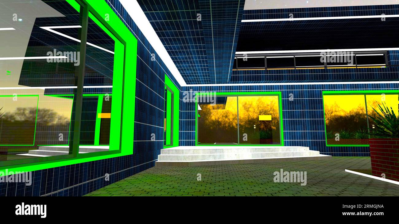 Glass sliding entry door to a private eco-friendly house finished with ...