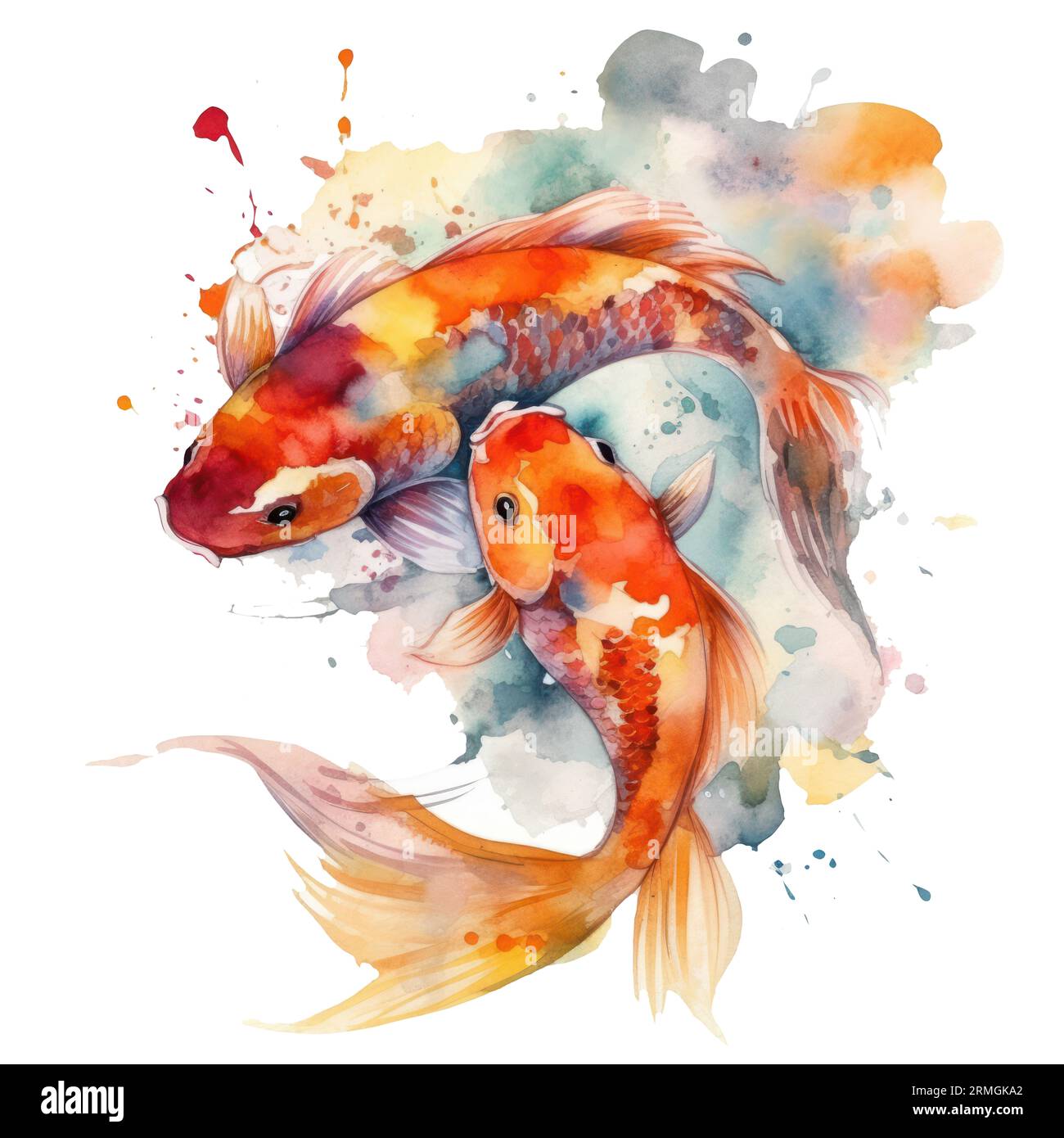 Two vibrant fish swimming in an abstract watercolor painting on a plain ...