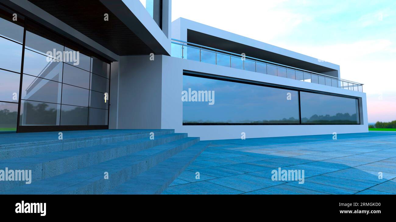 Stone steps of the porch staircase. Glass sliding door reflecting the ...
