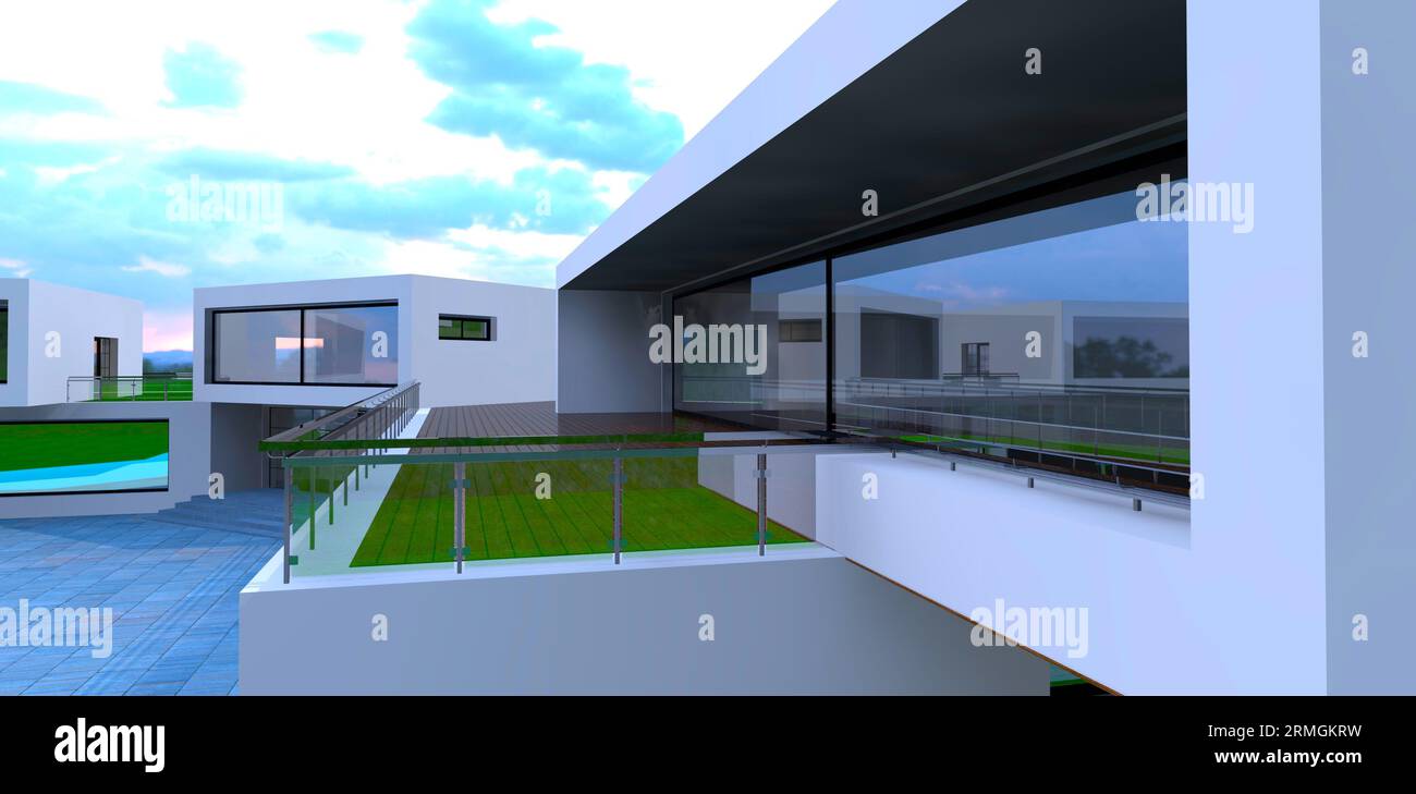 Terrace fenced with glass balustrade. Large decked area on the rooftop ...