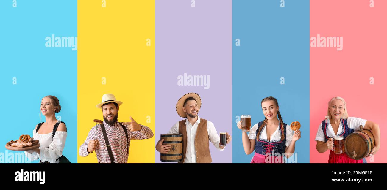Set of happy German people in traditional clothes, with tasty beer and ...