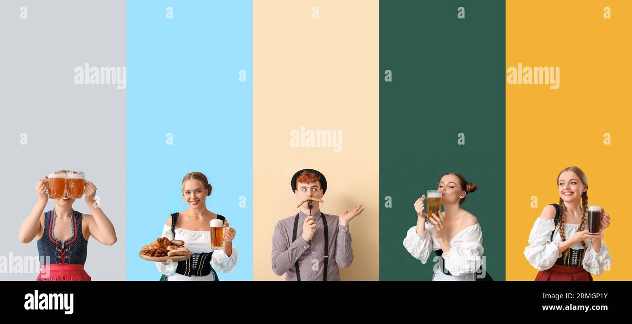 Collection of happy German people in traditional clothes, with tasty ...