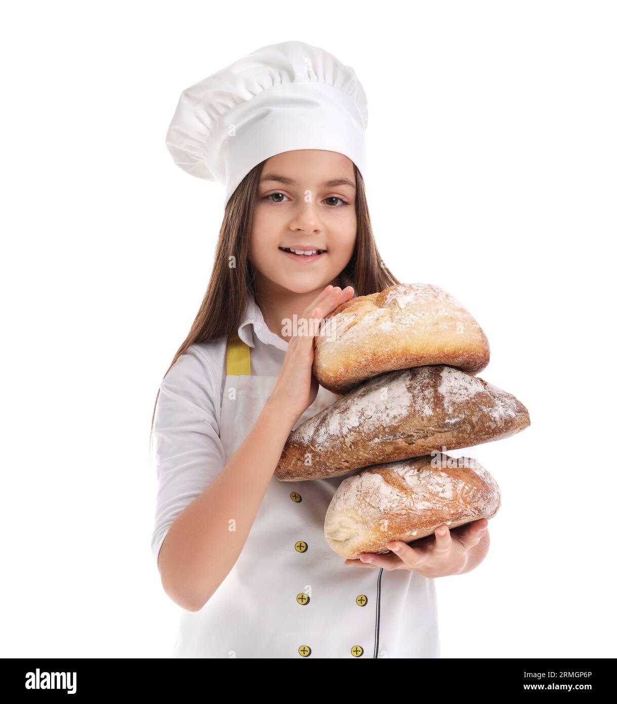 Little baker with loaves of fresh bread on white background Stock Photo ...