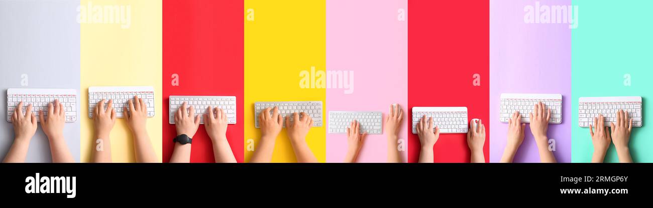 Collage of hands with modern computer keyboards on color background ...