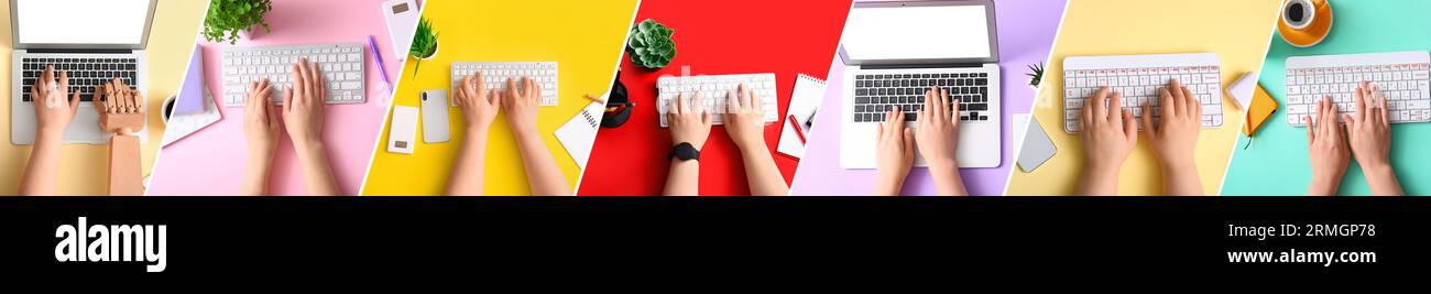 Collage of hands with modern computer keyboards and laptops on color ...