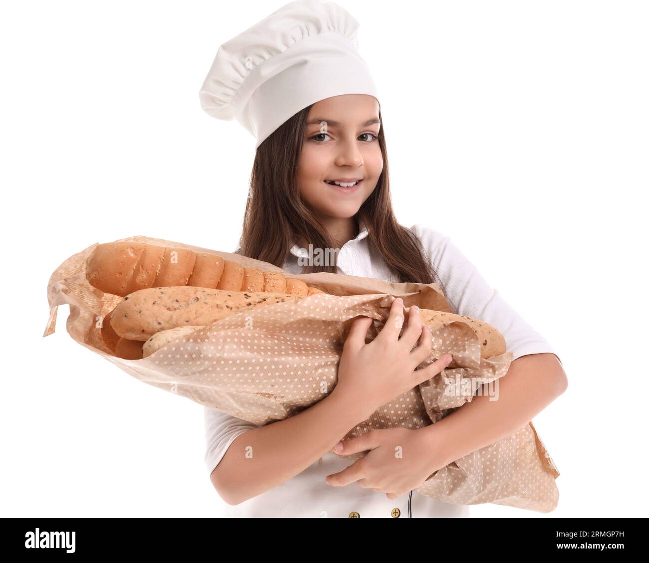 Little baker with fresh baguettes on white background Stock Photo - Alamy