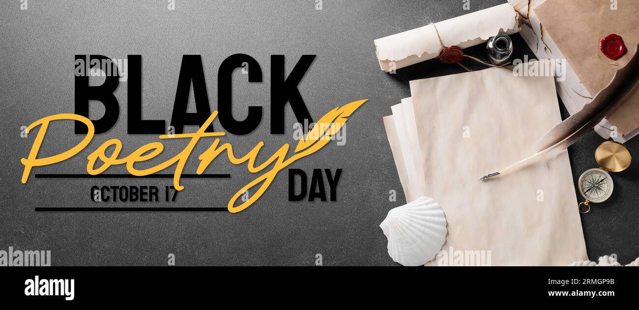 Banner for Black Poetry Day with quill pen, ink and paper sheets Stock ...
