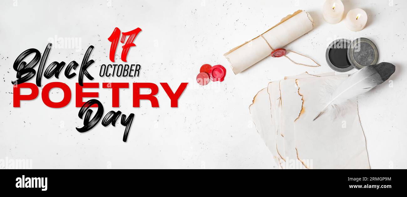 Banner for Black Poetry Day with quill pen, ink and paper sheets Stock ...