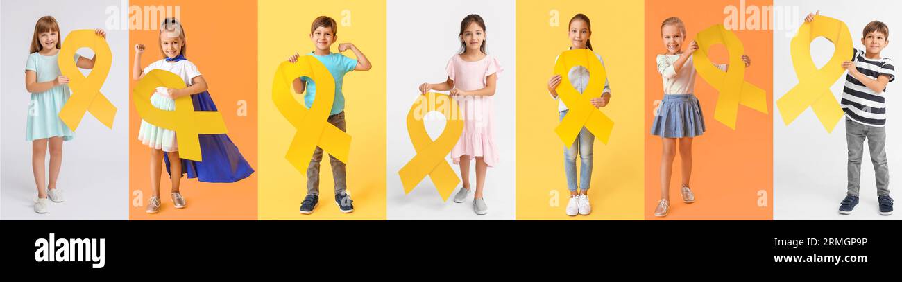 Set of children with golden ribbons on color background. Childhood ...