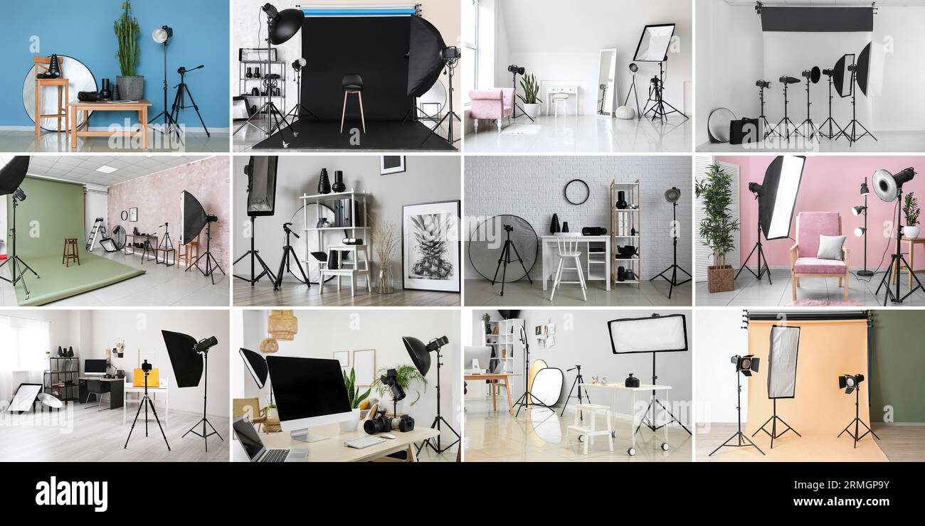Group of modern interiors of photographer's offices and studios Stock ...