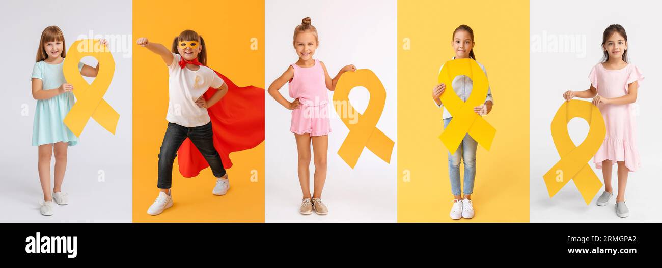 Set of little girls with golden ribbons on color background. Childhood ...
