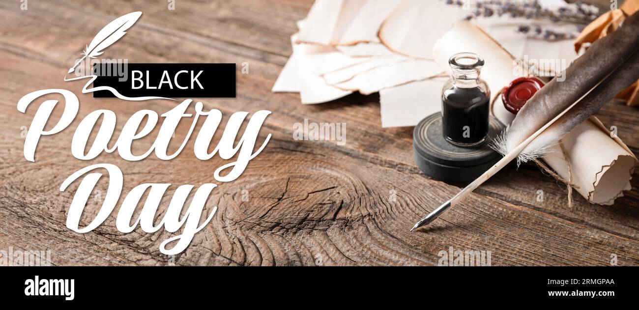 Banner for Black Poetry Day with quill pen, ink and paper sheets Stock ...
