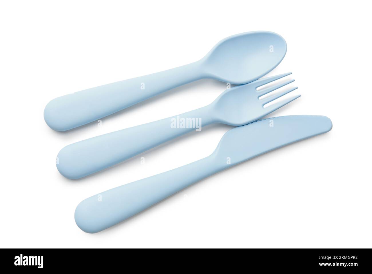 Plastic eating utensils for baby on white background Stock Photo - Alamy