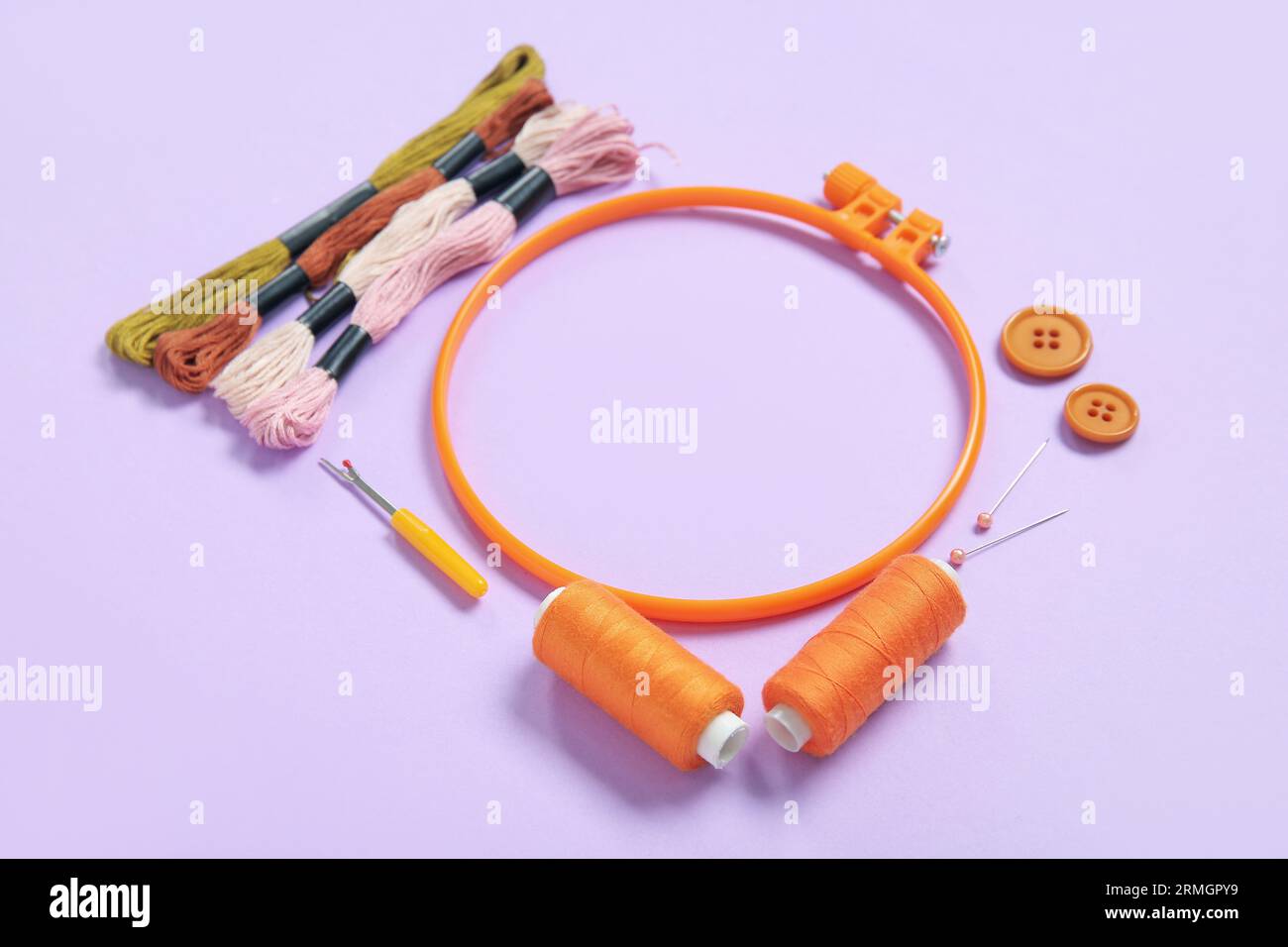 Embroidery hoop with different threads, seam ripper and buttons on ...
