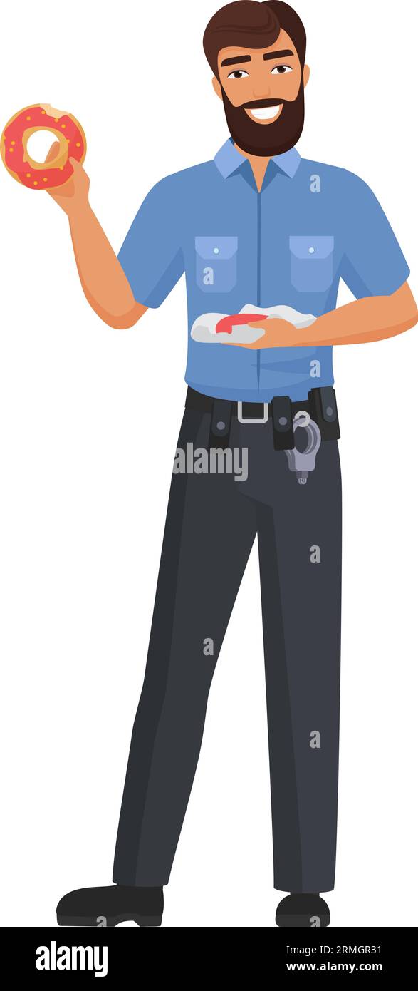 Policeman eating donuts. Police officer having lunch, working break ...