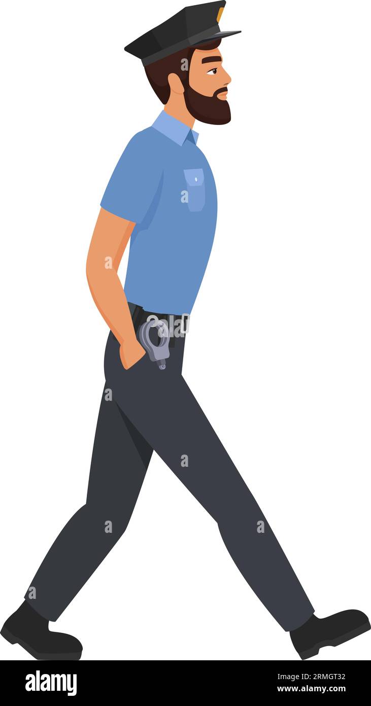 Side view of walking policeman. Police officer in working uniform ...