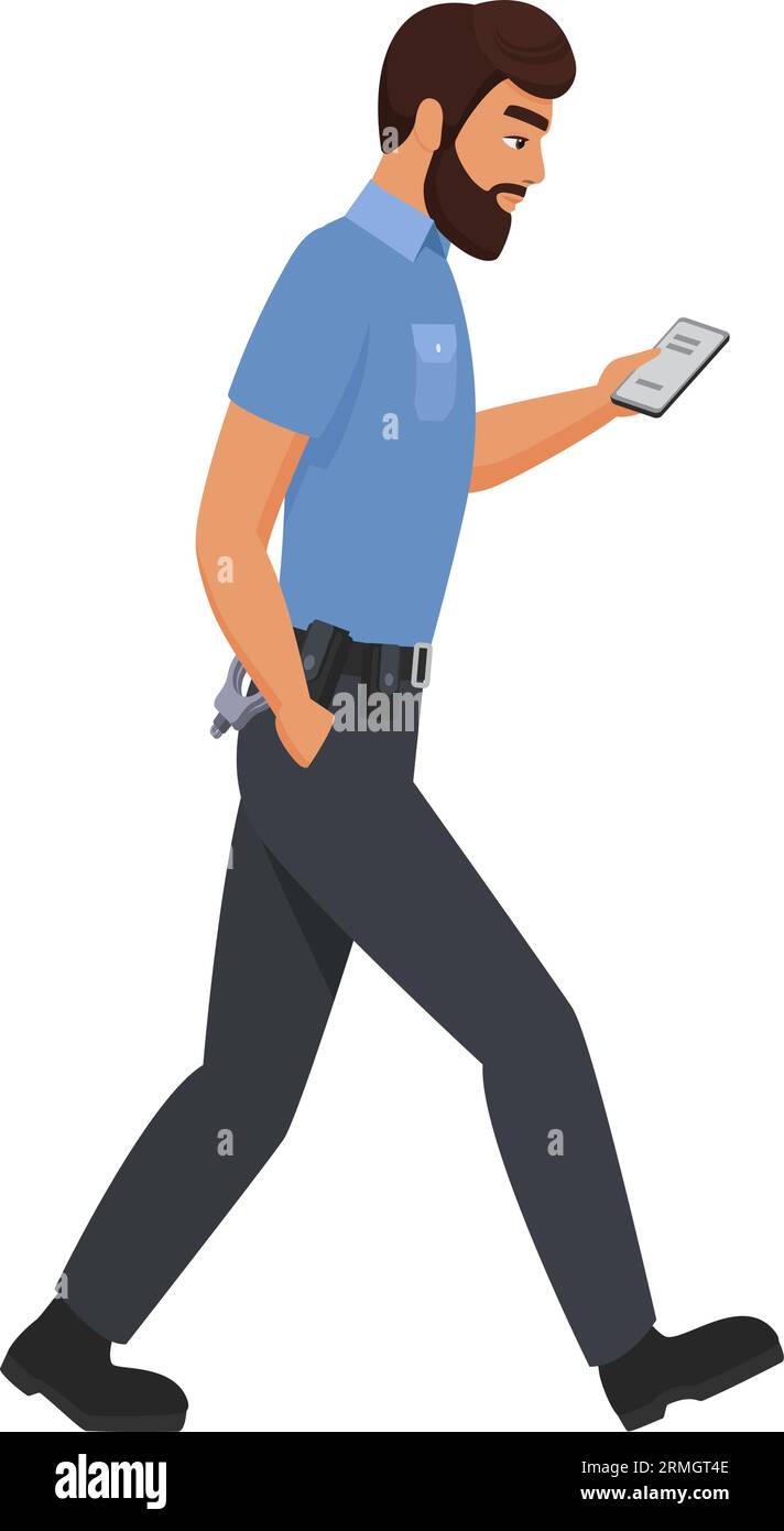 Walking policeman with mobile phone. Police officer using smartphone ...