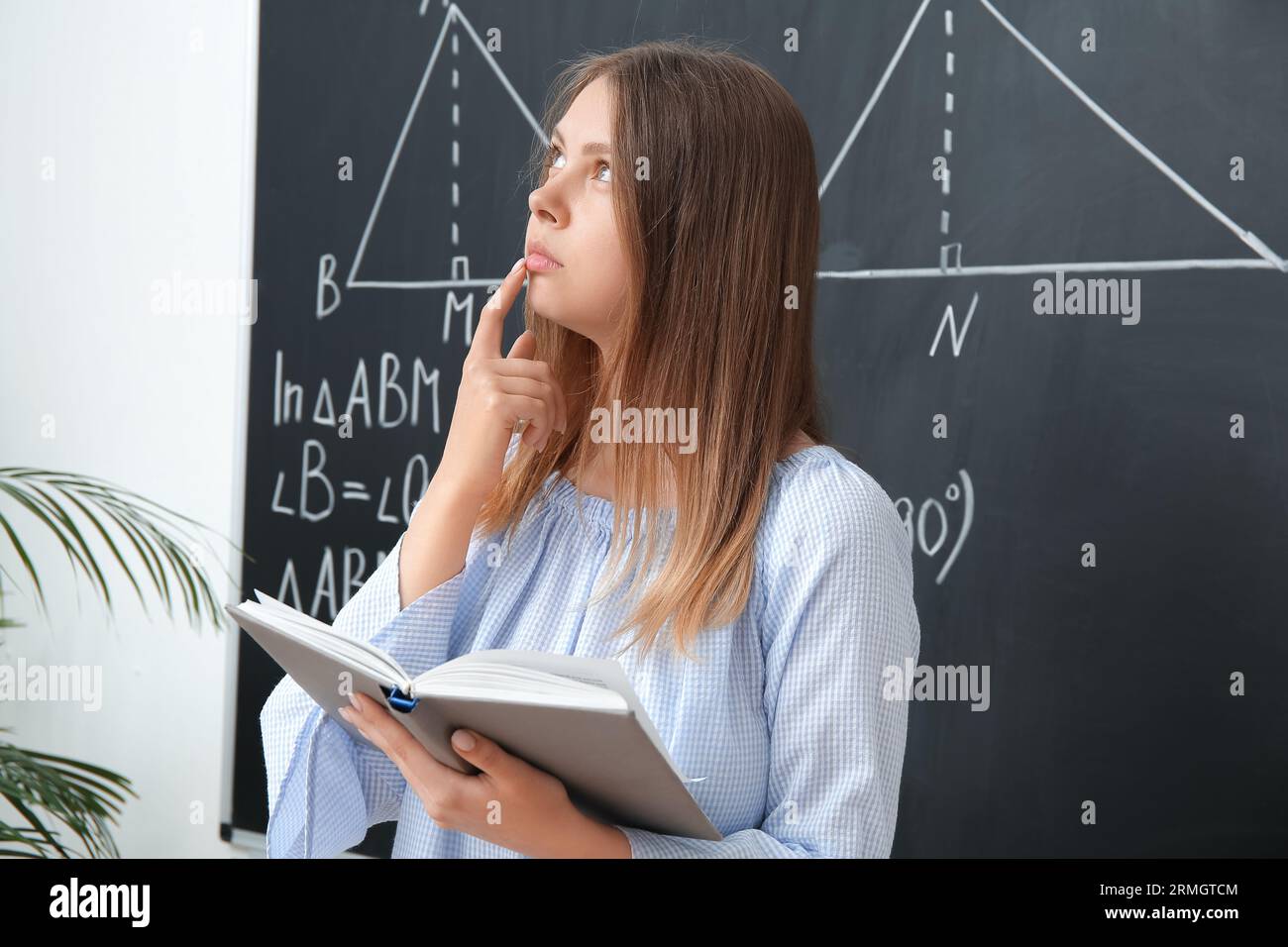 Pondering math teacher with book near blackboard in classroom Stock ...