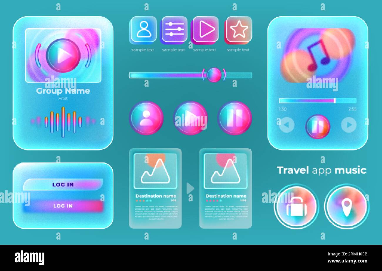 Mobile ui kit for music application. Glassmorphism mobile app template ...