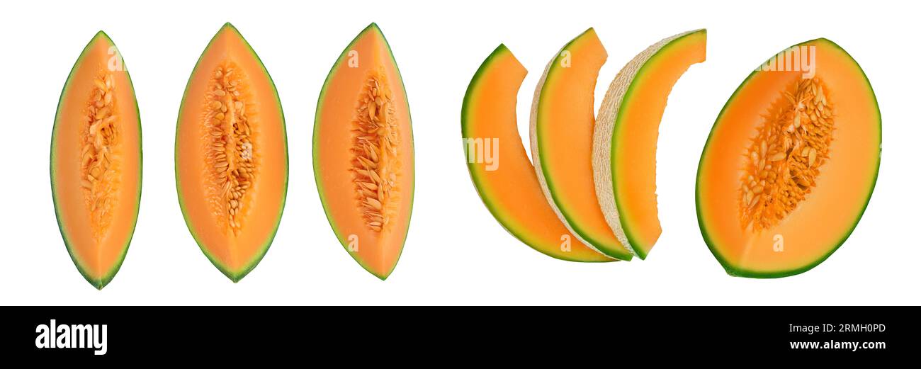 Cantaloupe melon pieces isolated on white background with full depth of ...