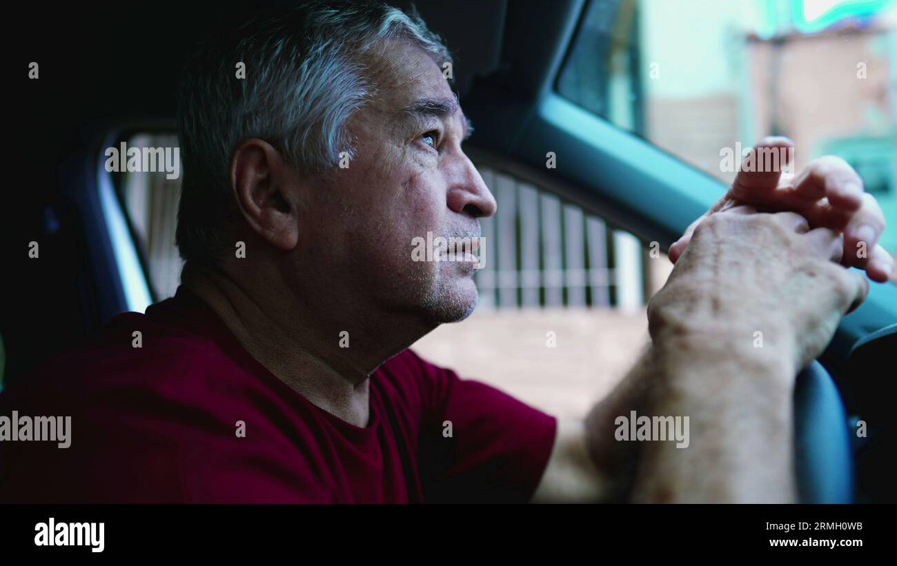 Desperate senior man gazing upwards at sky asking for God's help during ...