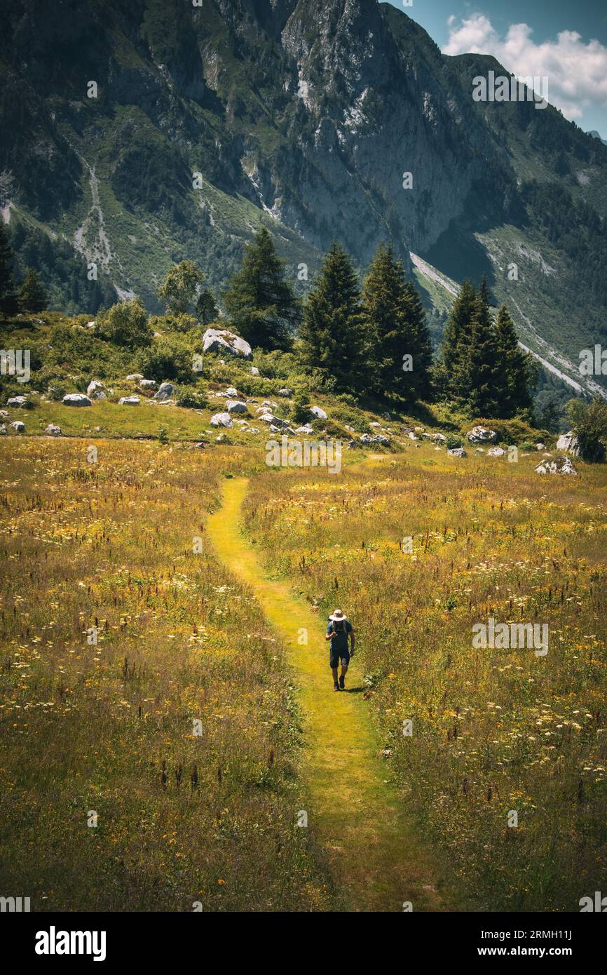 Man taking a hike in the italian Alps Stock Photo - Alamy