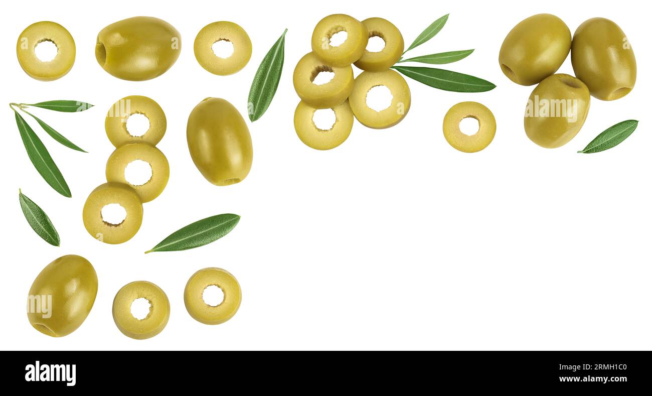 Green olives with leaves isolated on a white background. Top view with ...