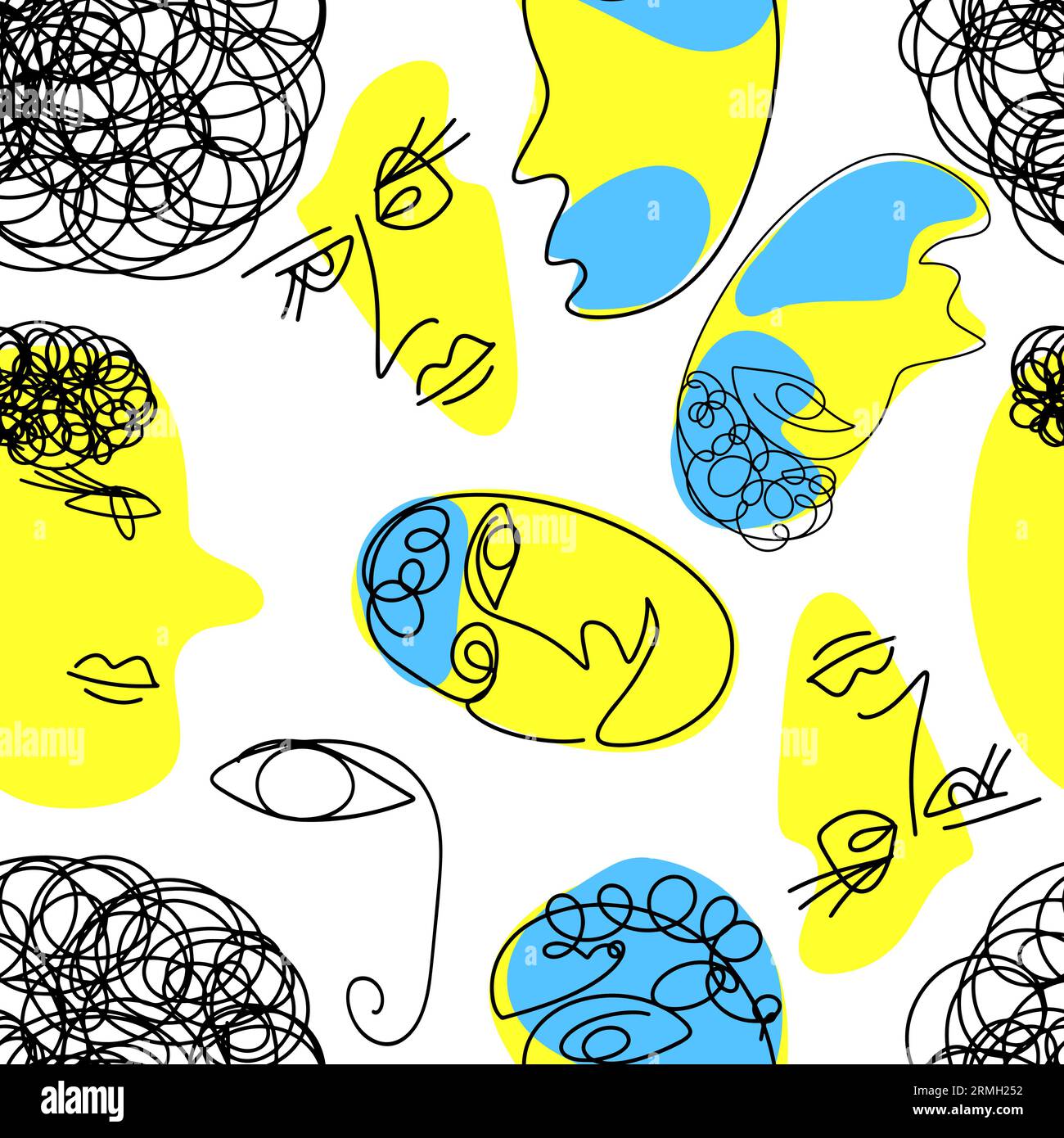 Elegant abstract seamless pattern with famale faces drawn one line on ...