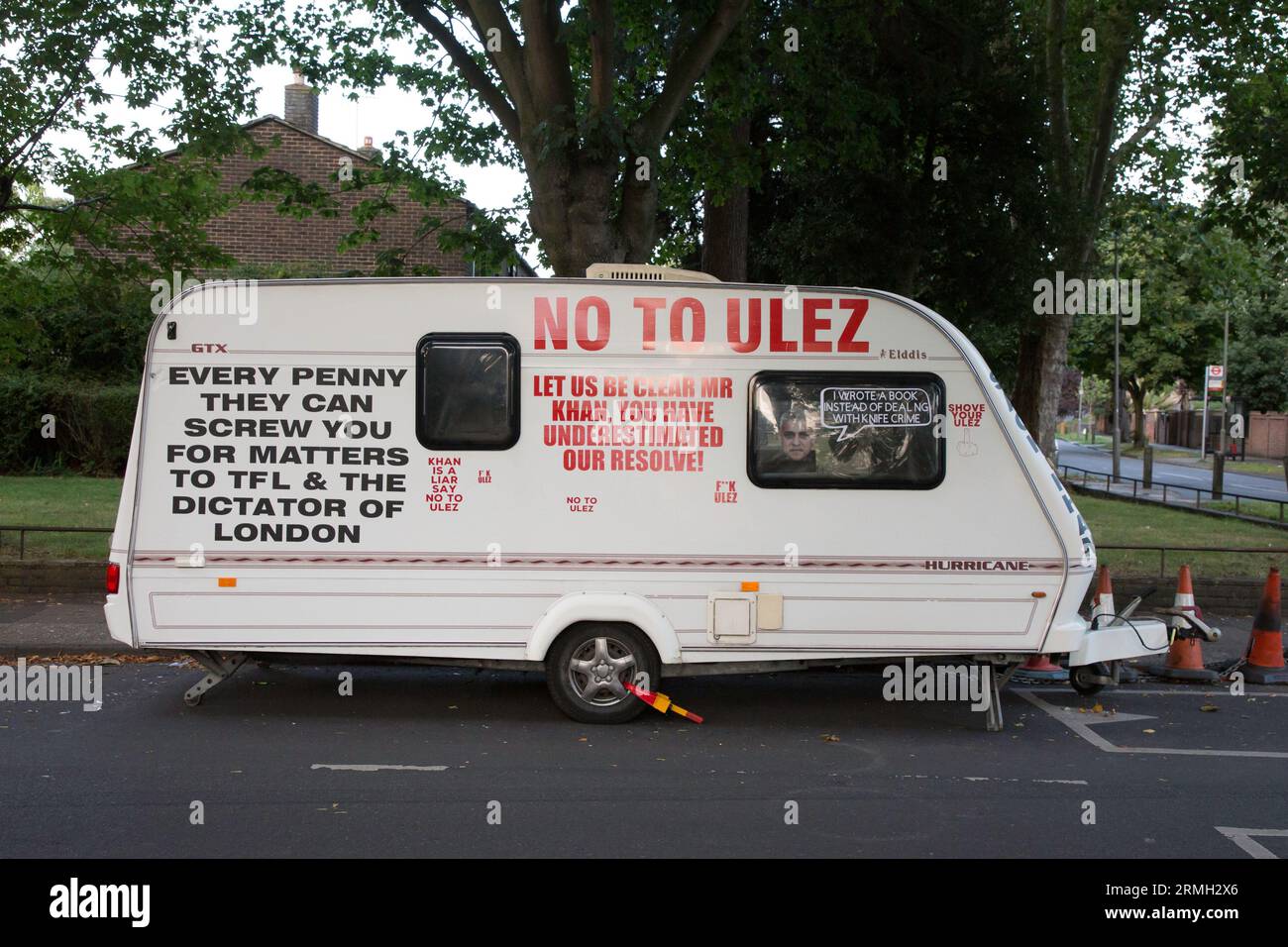 No to ULEZ caravan outside London Mayor Sadiq Khans house London ANTI ...
