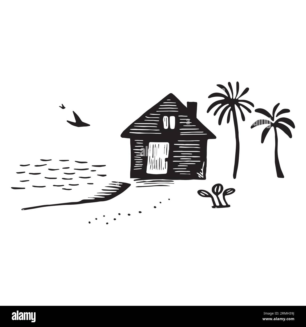 Whimsical beach hut block print illustration for tropical travel ...