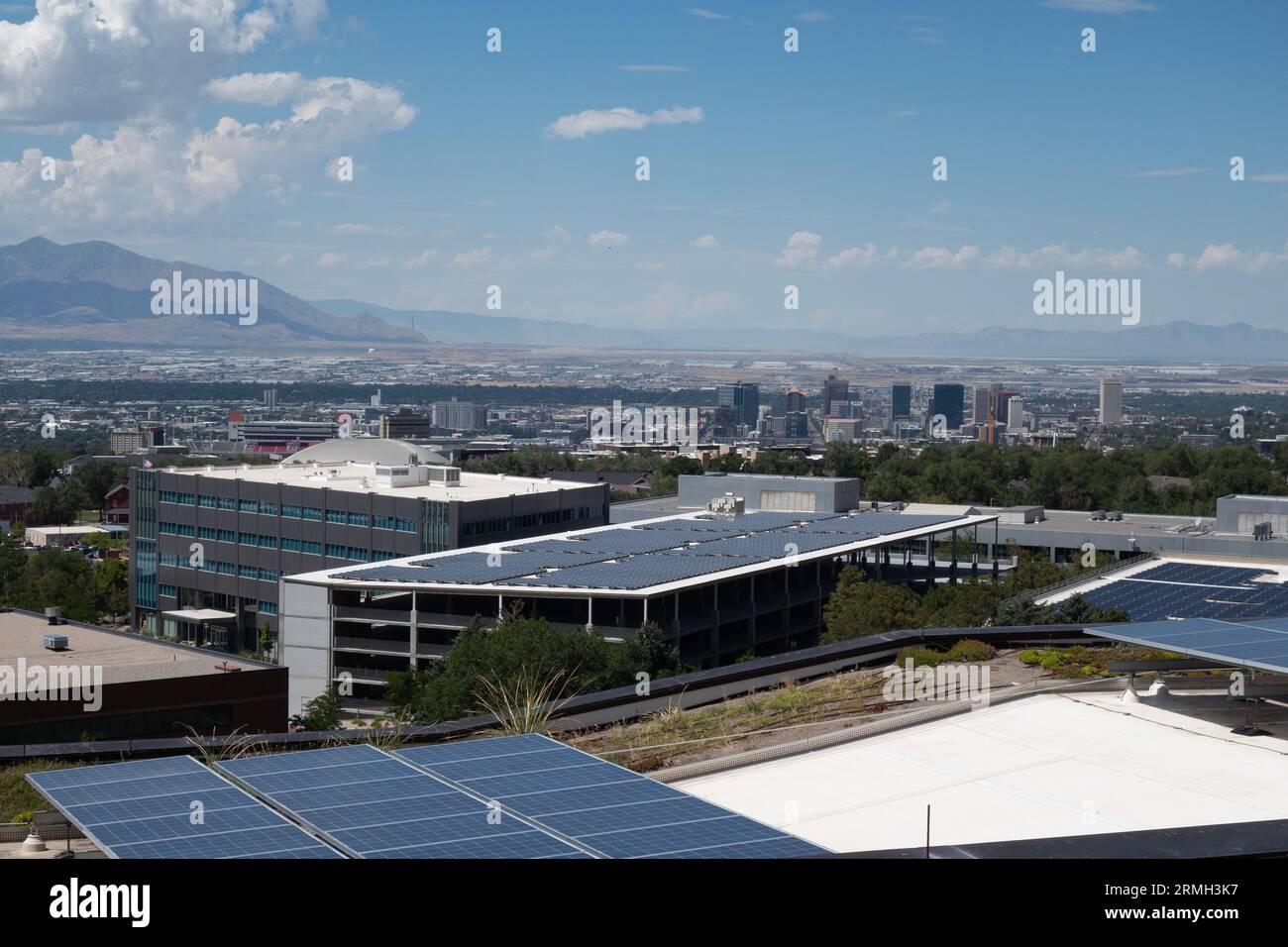 View of buildings with solar panels on top in Salt Lake City, Utah ...
