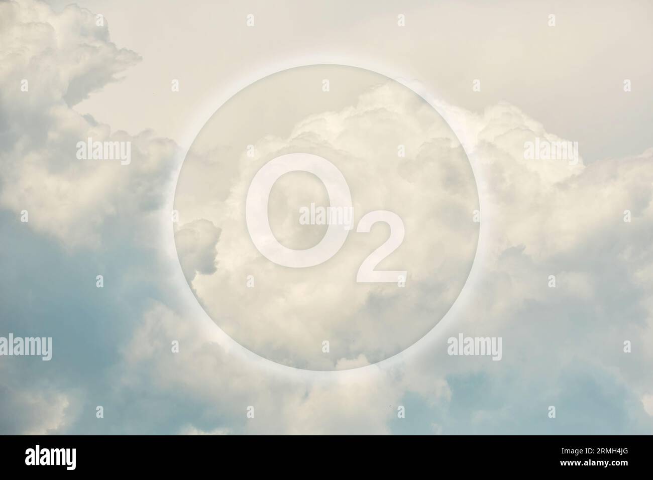 O2 oxygen atom sign highlighted high up in the cloudy sky. Ecology ...