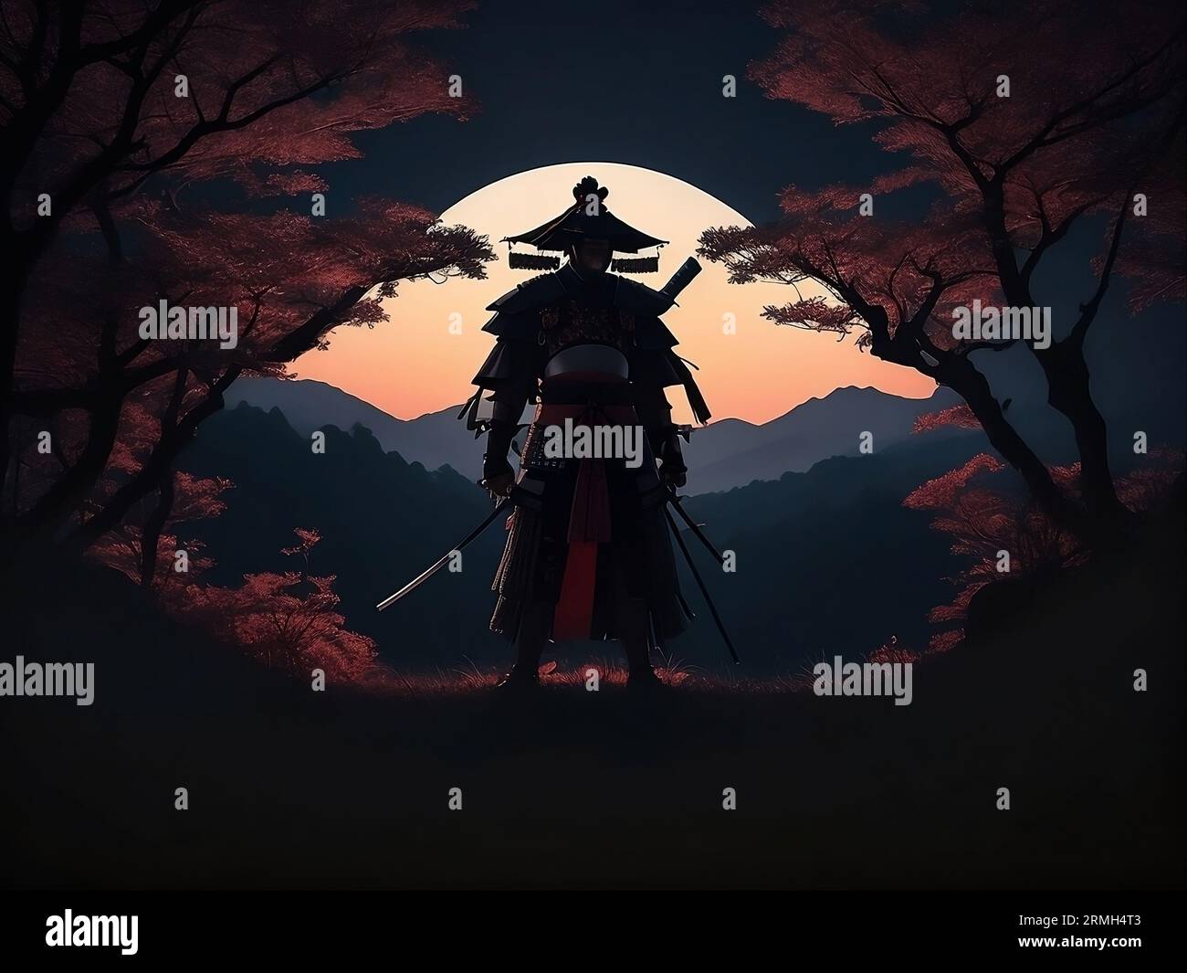 A beautiful Japanese nature background with a silhouette of a samurai ...